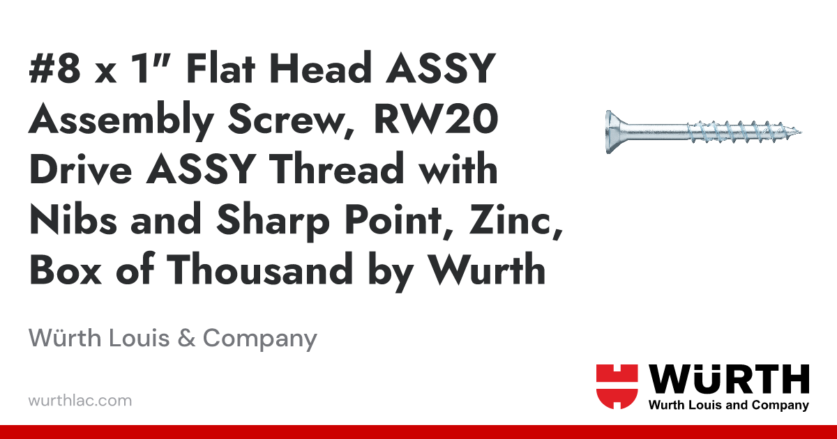 #8 x 1" Flat Head ASSY Assembly Screw, RW20 Drive ASSY Thread with Nibs ...