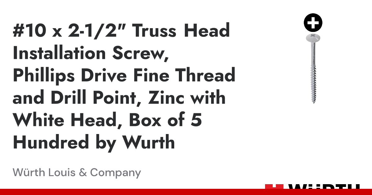 #10 x 2-1/2" Truss Head Installation Screw, Phillips Drive Fine Thread ...