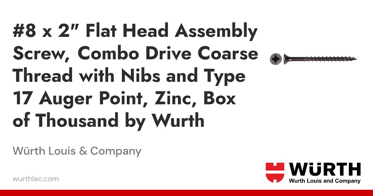 #8 x 2" Flat Head Assembly Screw, Combo Drive Coarse Thread with Nibs ...
