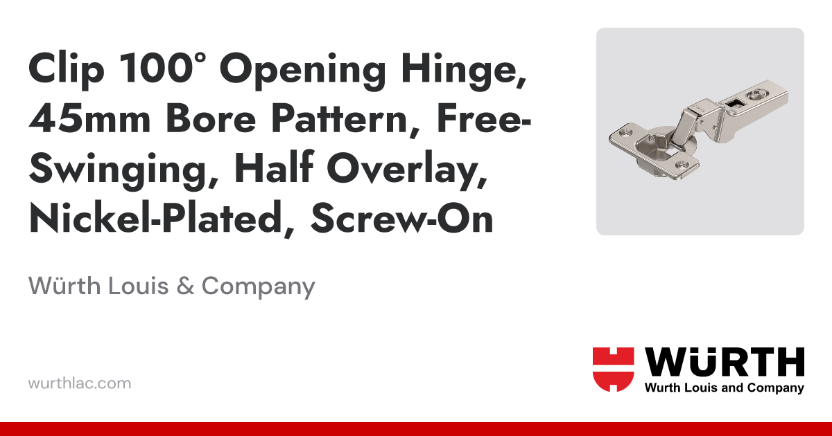 Clip 100° Opening Hinge, 45mm Bore Pattern, Free-Swinging, Half Overlay ...