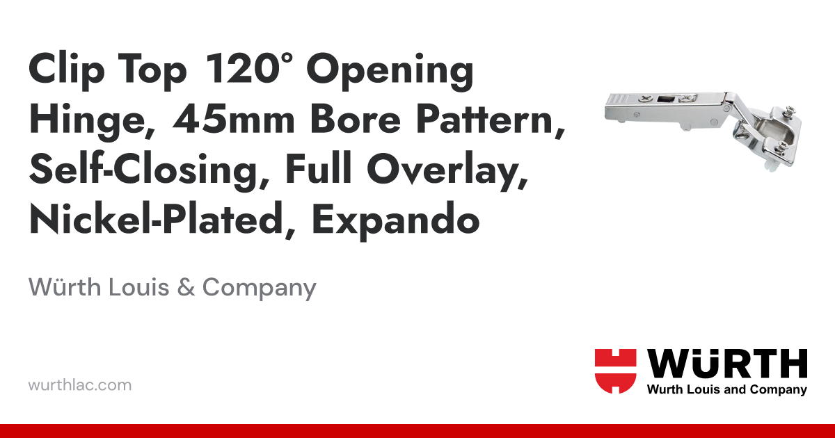 Clip Top 120° Opening Hinge, 45mm Bore Pattern, Self-Closing, Full ...