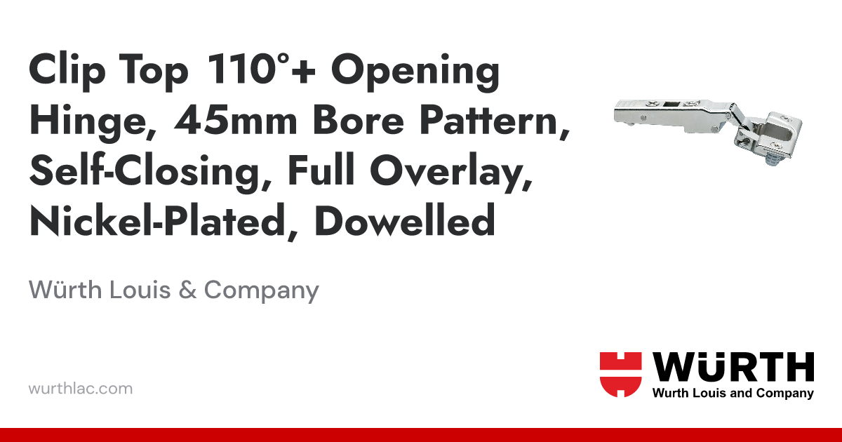 Clip Top 110°+ Opening Hinge, 45mm Bore Pattern, Self-Closing, Full ...
