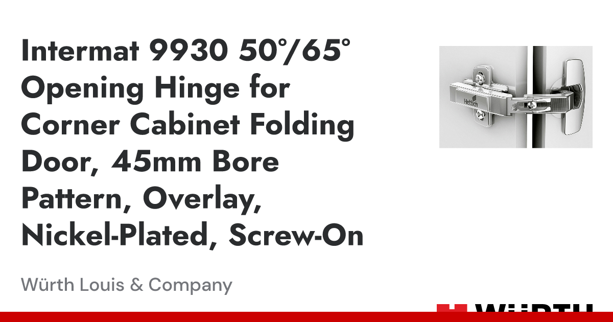 Intermat 9930 50°/65° Opening Hinge for Corner Cabinet Folding Door, 45mm Bore Pattern, Overlay ...