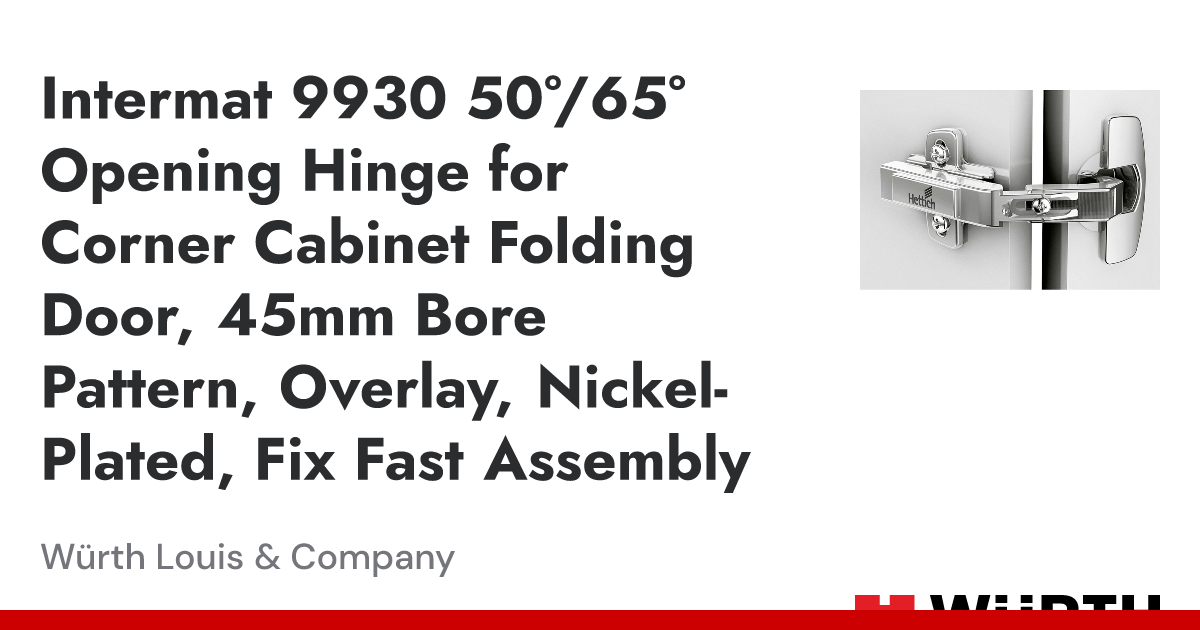 Intermat 9930 50°/65° Opening Hinge for Corner Cabinet Folding Door, 45mm Bore Pattern, Overlay ...