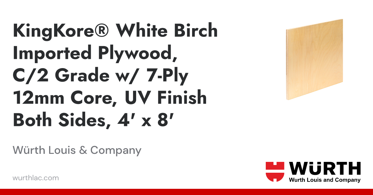 KingKore® White Birch Imported Plywood, C/2 Grade w/ 7-Ply 12mm Core, UV Finish Both Sides, 4' x ...