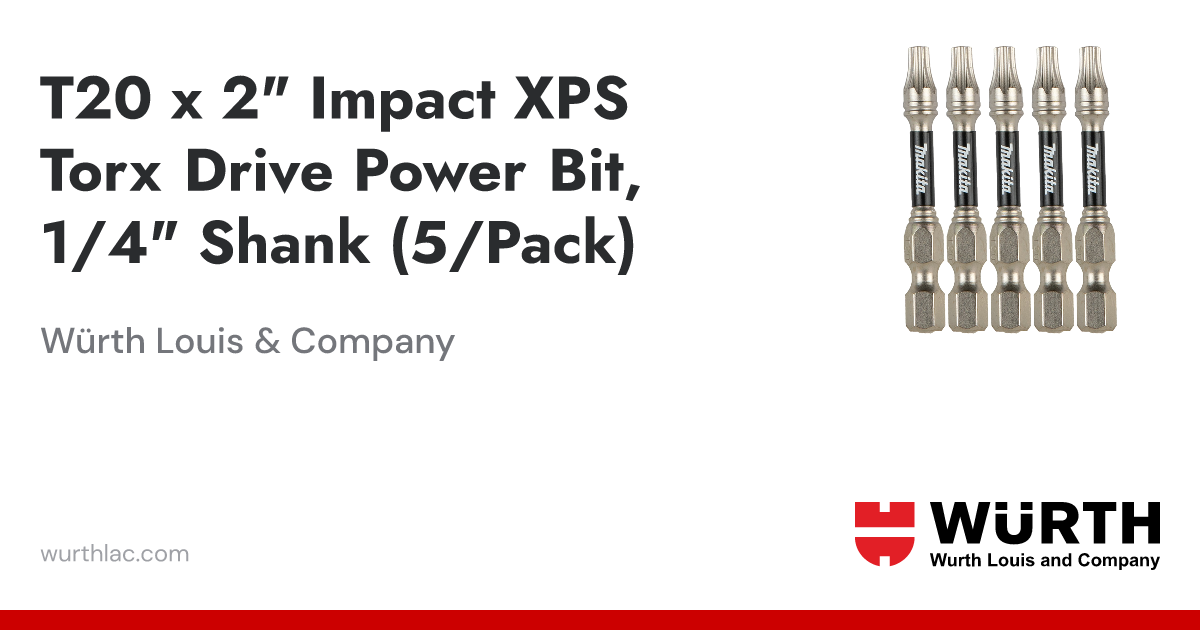 T20 x 2" Impact XPS Torx Drive Power Bit, 1/4" Shank (5/Pack) | Würth ...