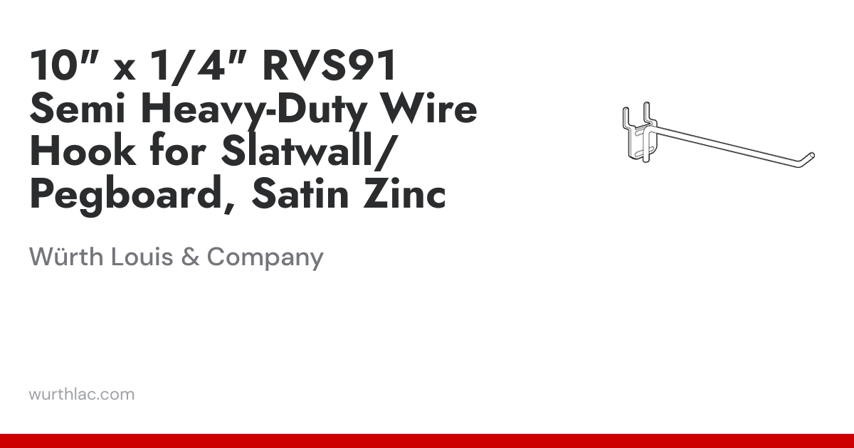 10" x 1/4" RVS91 Semi Heavy-Duty Wire Hook for Slatwall/Pegboard, Satin ...