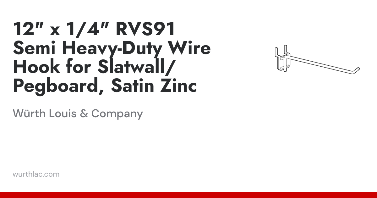 12" x 1/4" RVS91 Semi Heavy-Duty Wire Hook for Slatwall/Pegboard, Satin ...