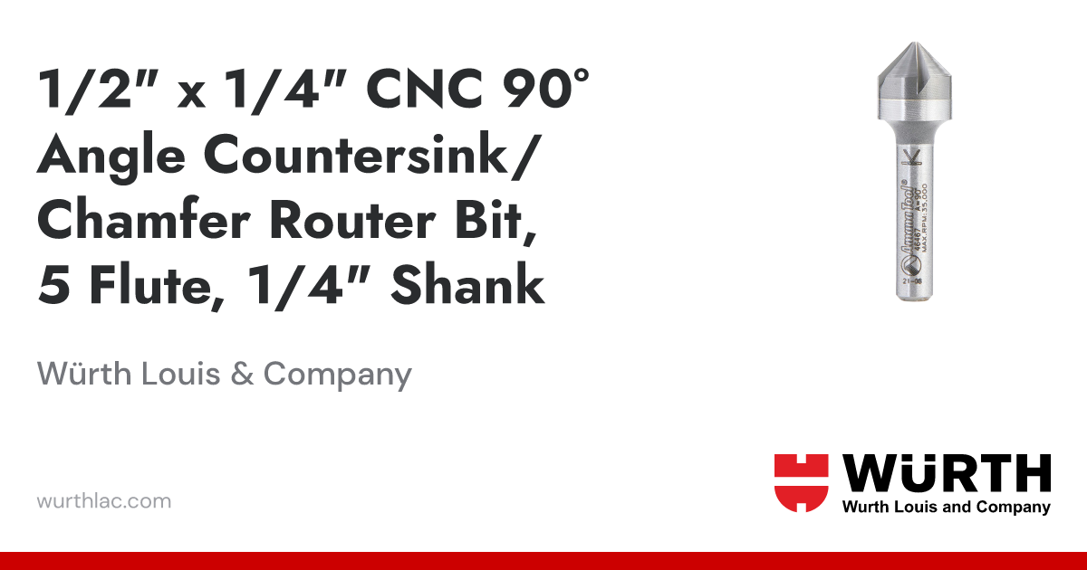 1/2" x 1/4" CNC 90° Angle Countersink/Chamfer Router Bit, 5 Flute, 1/4 ...