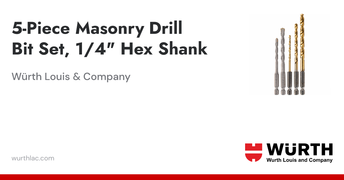 5-Piece Masonry Drill Bit Set, 1/4" Hex Shank | Würth Louis & Company