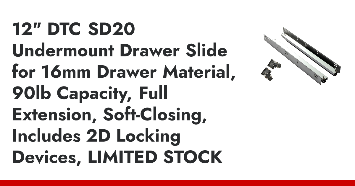 12" DTC SD20 Undermount Drawer Slide for 16mm Drawer Material, 90lb Capacity, Full Extension ...