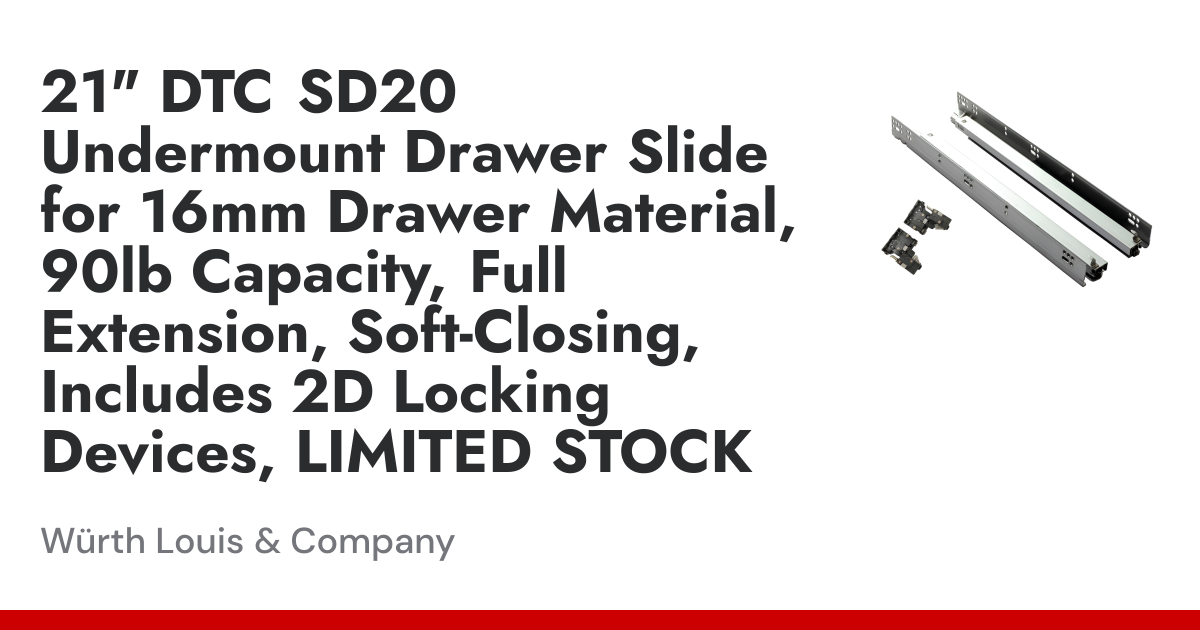 21" DTC SD20 Undermount Drawer Slide for 16mm Drawer Material, 90lb ...